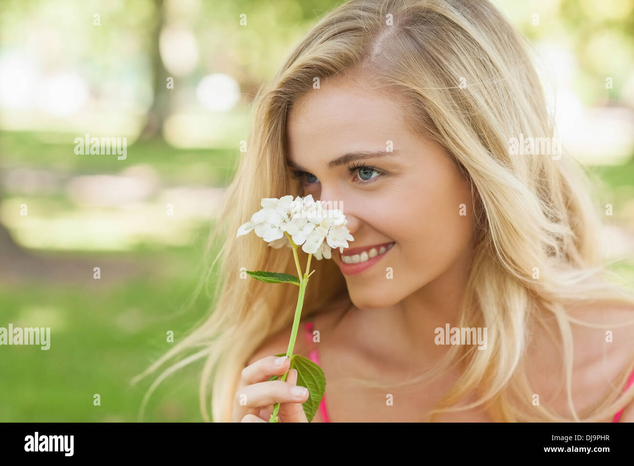 Gorgeous content woman smelling a flower with closed eyes sitting on a ...