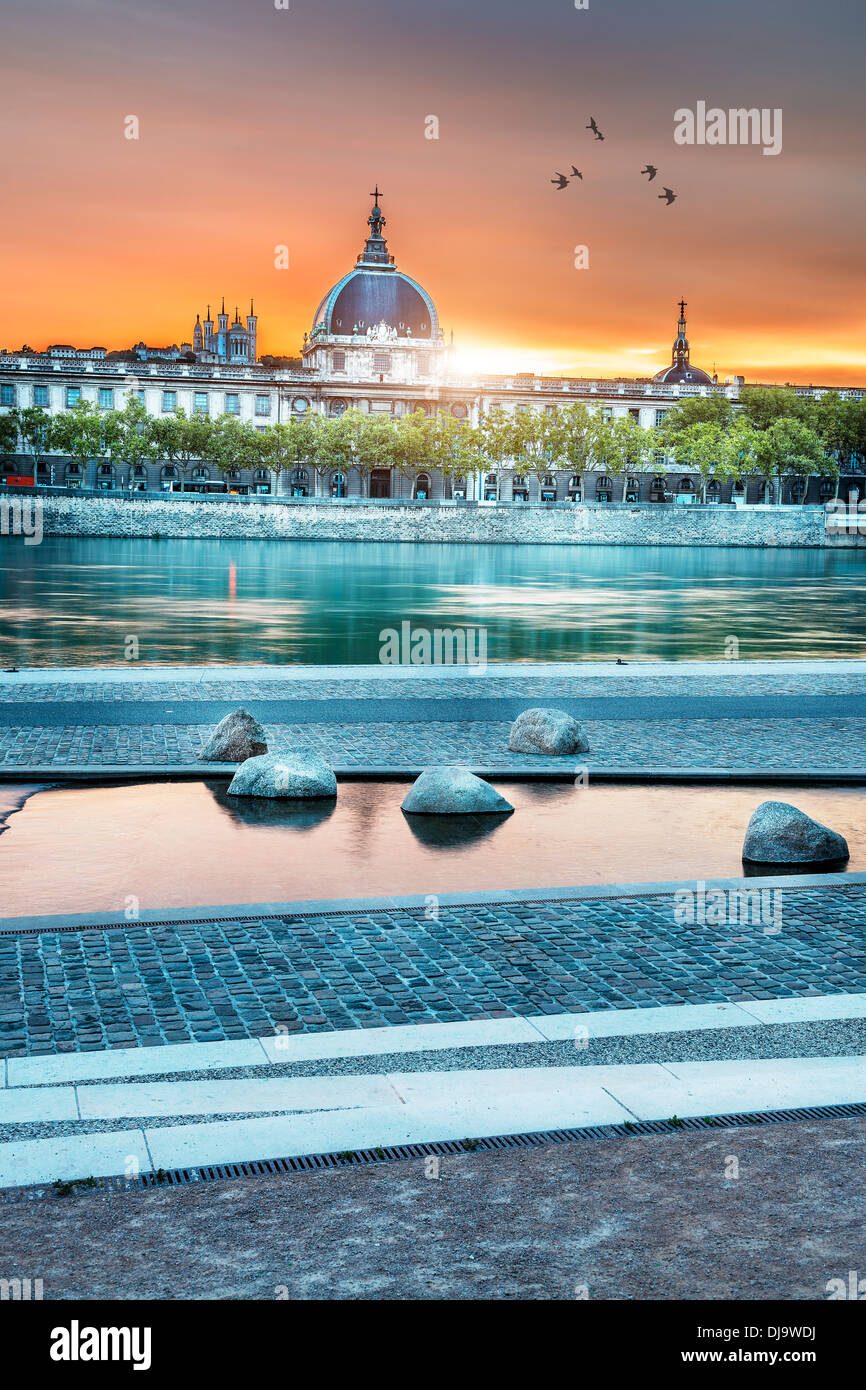 night view from Rhone river in Lyon city with Hotel Dieu and Fourviere ...