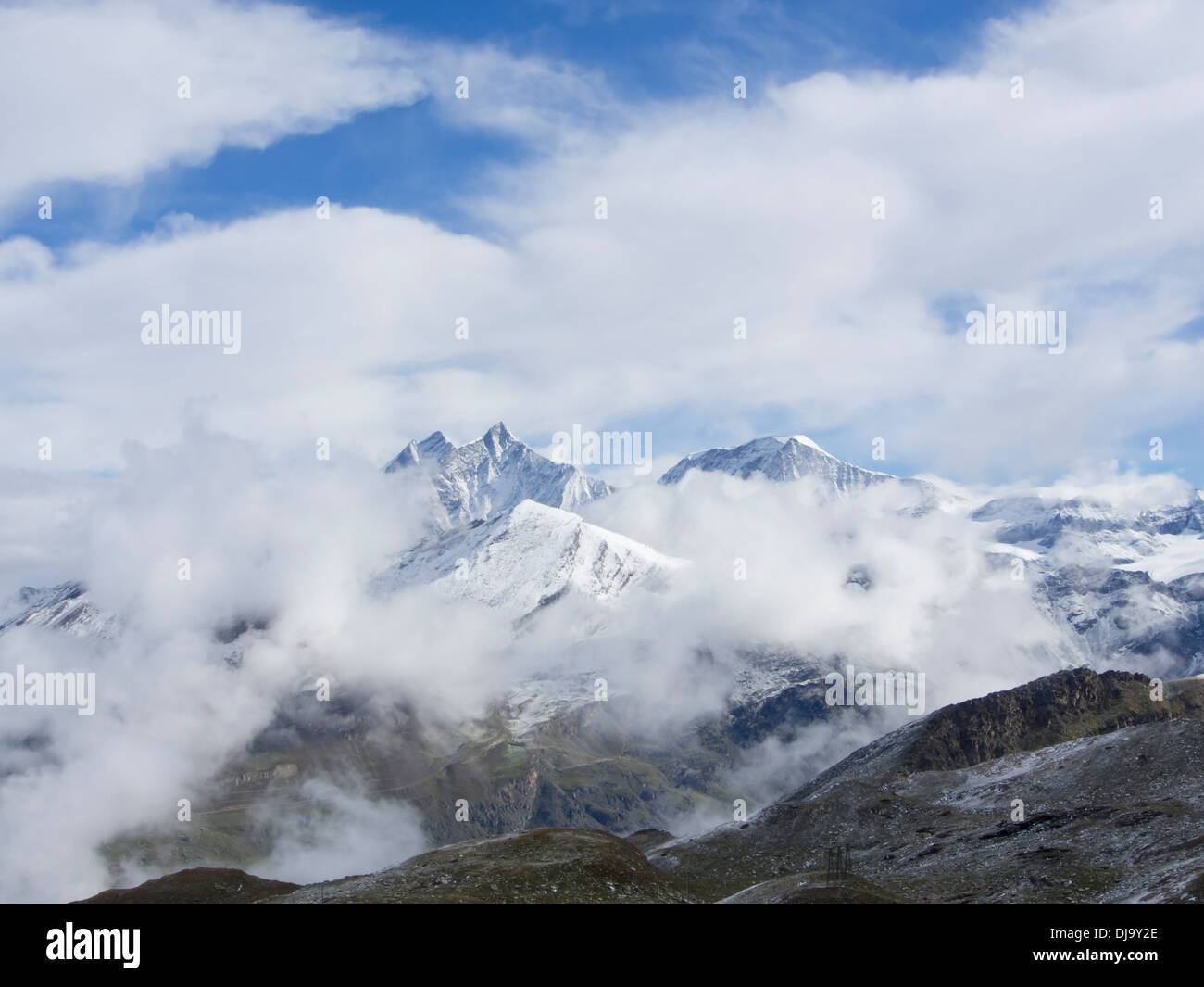 High Alps, alpine landscape with mountains snow peaks valleys blue sky ...