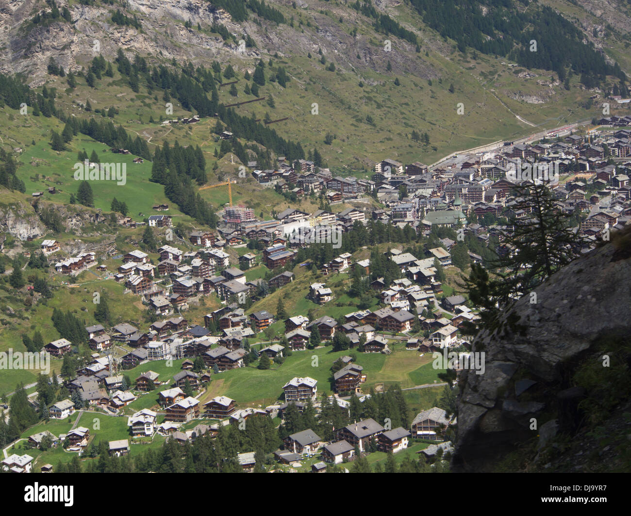 Areal view of the village of Zermatt in Switzerland, a popular tourist ...