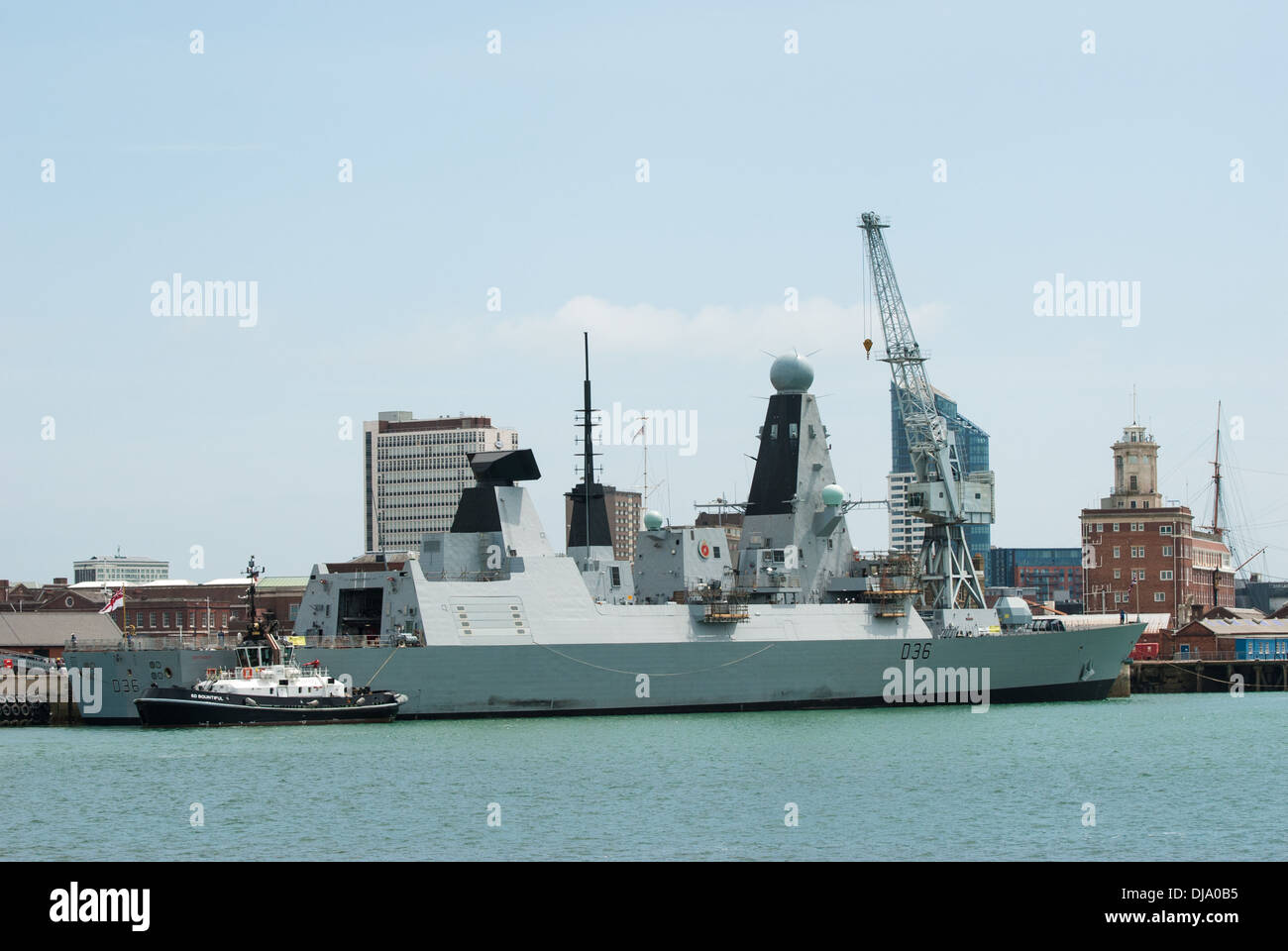 HMS Defender at the Royal Navy base at Portsmouth Harbour, England ...