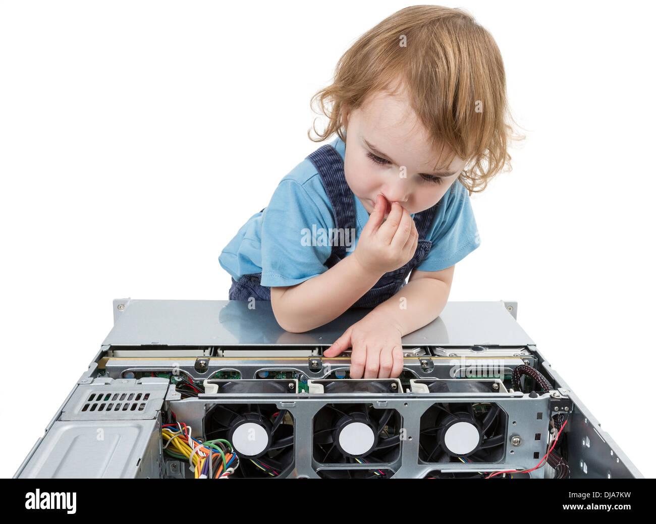 cute child with open network server. studio shot in light grey ...