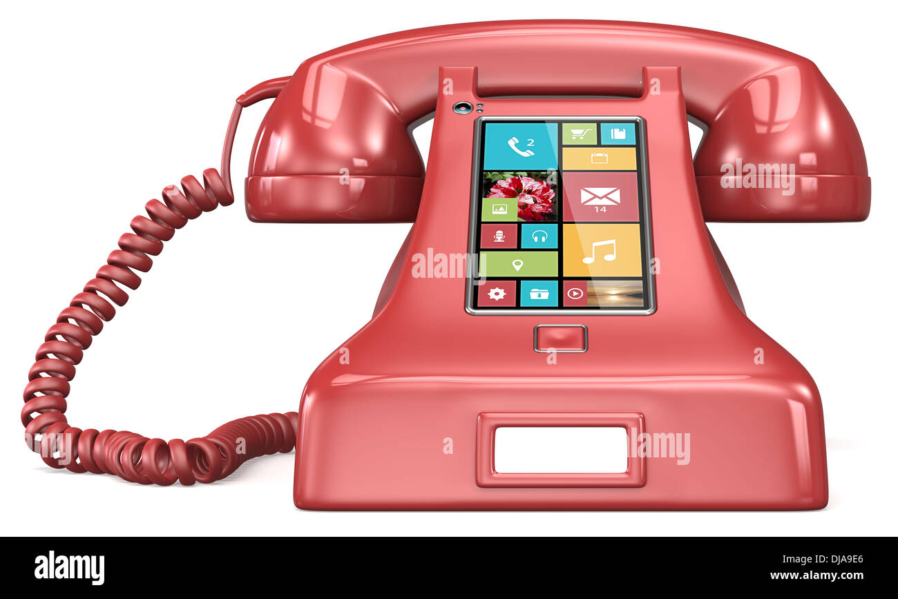 Red retro telephone with modern smartphone UI Stock Photo - Alamy