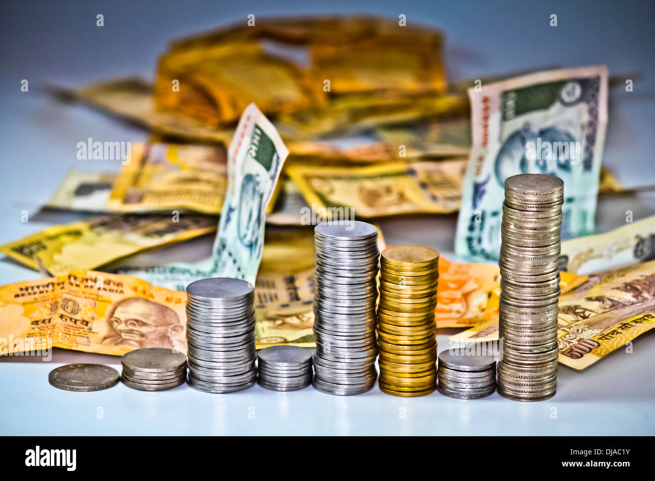 Indian Coins Stack in form of bar graph with Indian Rupees Stock Photo ...