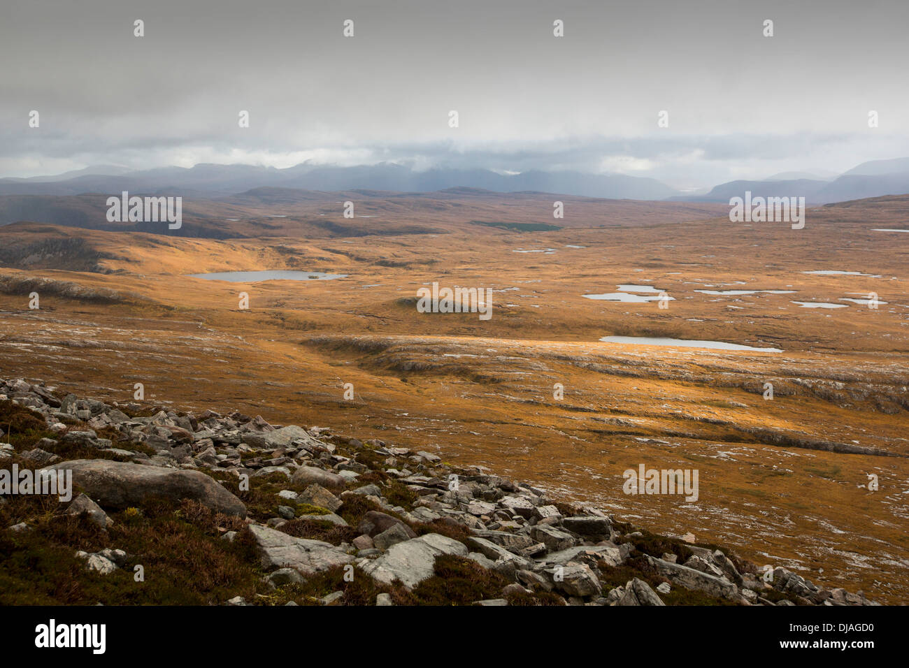 Looking down on moorland above the remote Strath na Sealga, below An ...