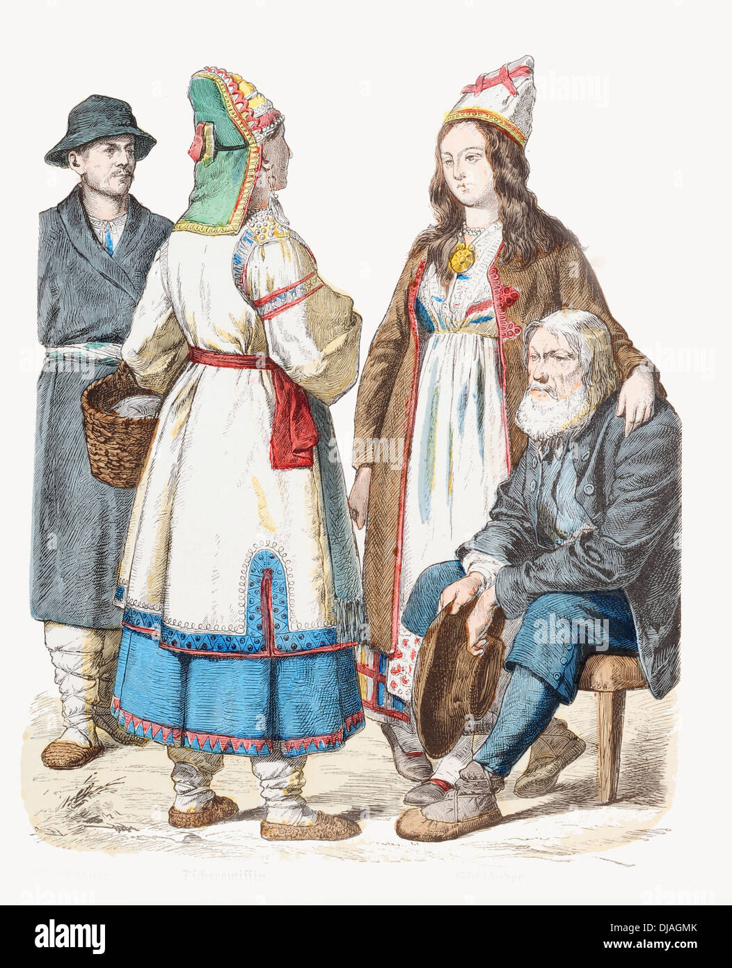 19th century XIX Russia Left to right Mordovian Finns of the Volga and ...