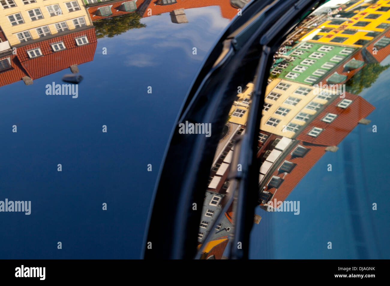 Vibrant apartment buildings reflected in car windshield, Nyhavn ...