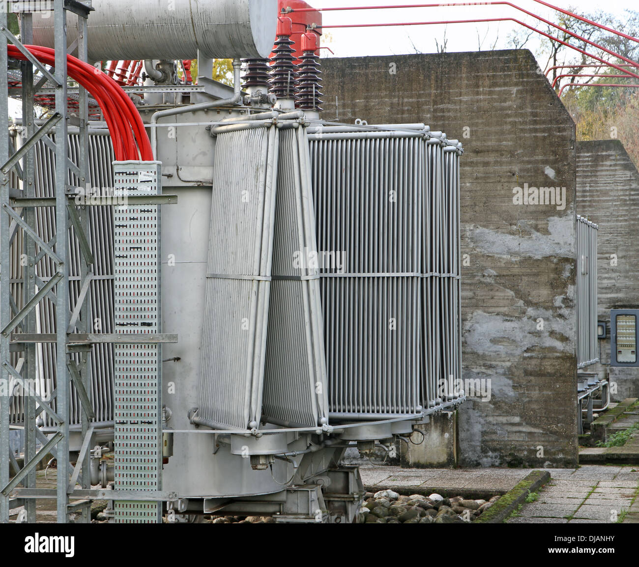 huge electric voltage transformer of a powerful power plant Stock Photo ...