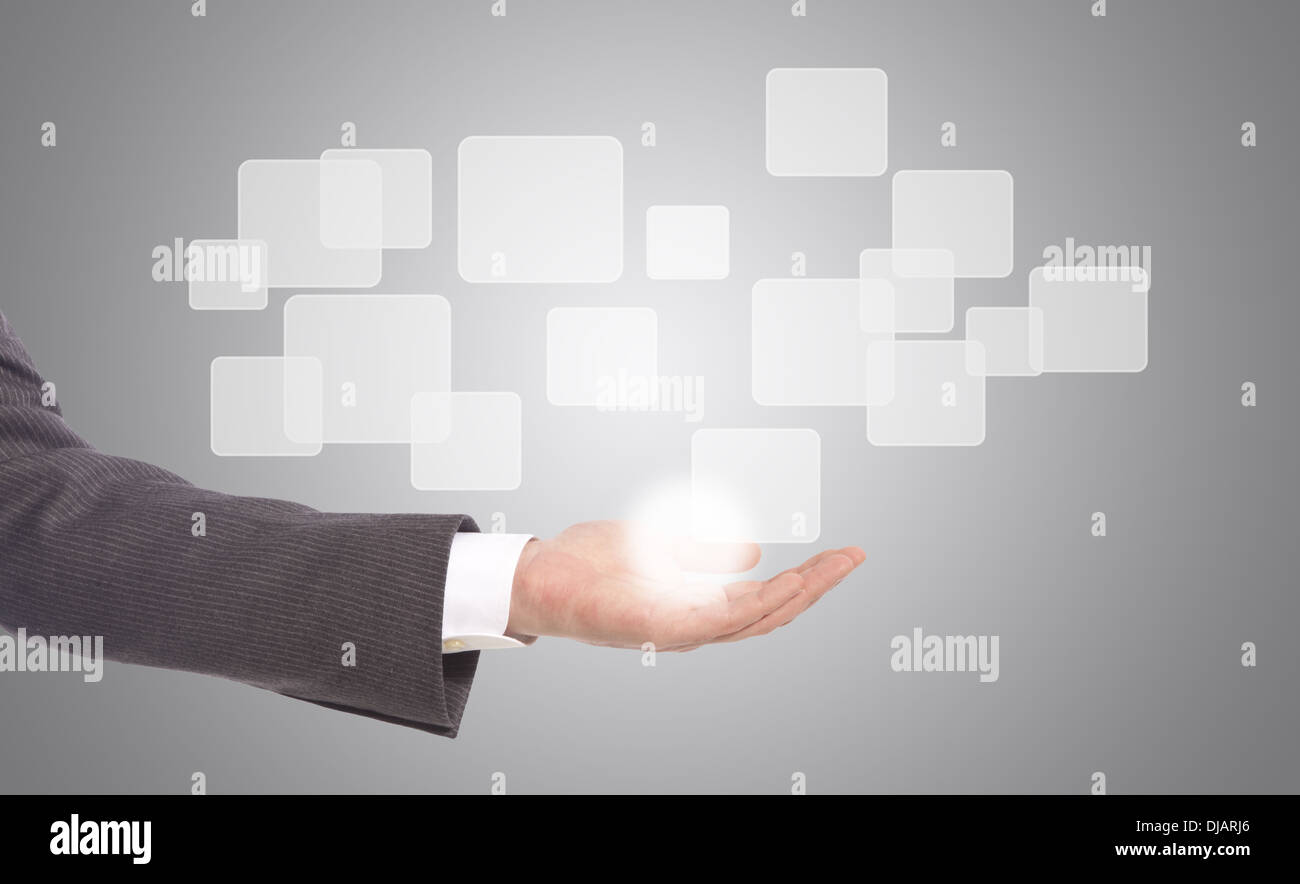 business man with hand pushing on a touch screen interface Stock Photo ...