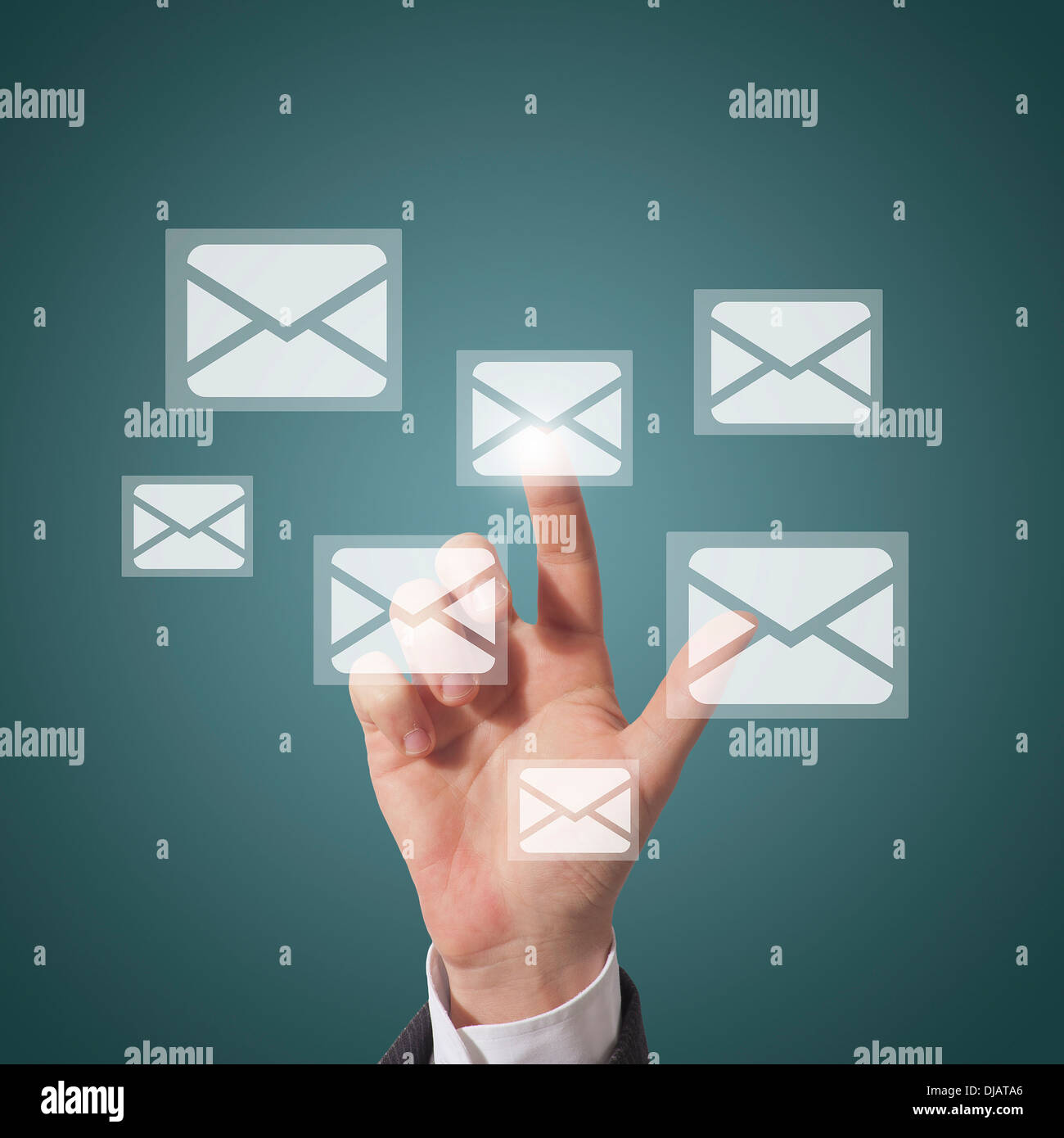 business man open email touching icon on screen, blue background Stock ...