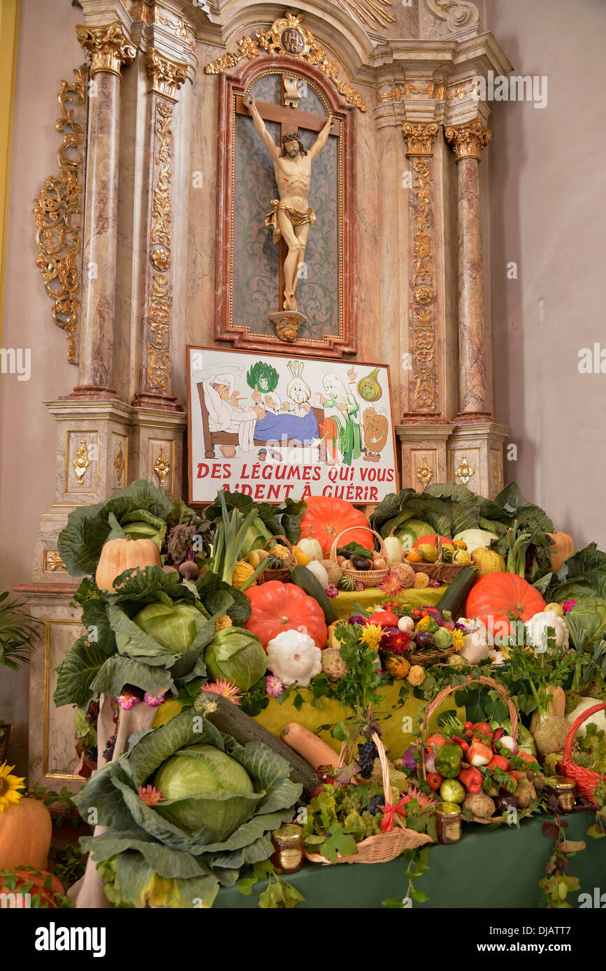 Vegetable offerings at the altar in the Church of St. Epvre during the ...
