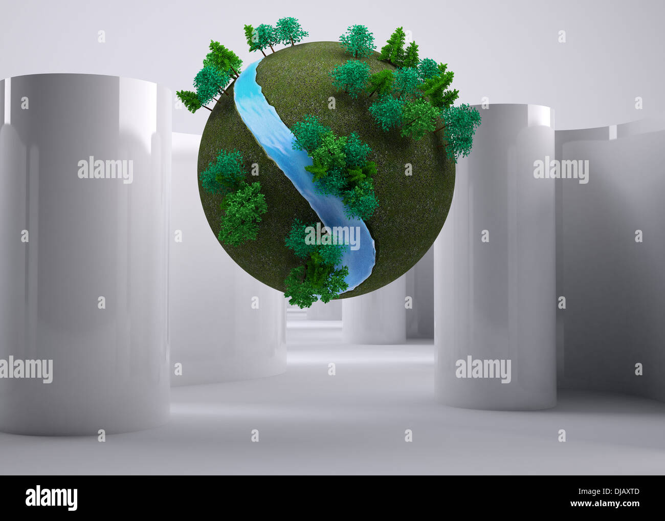 Earth floating between cylinders Stock Photo - Alamy