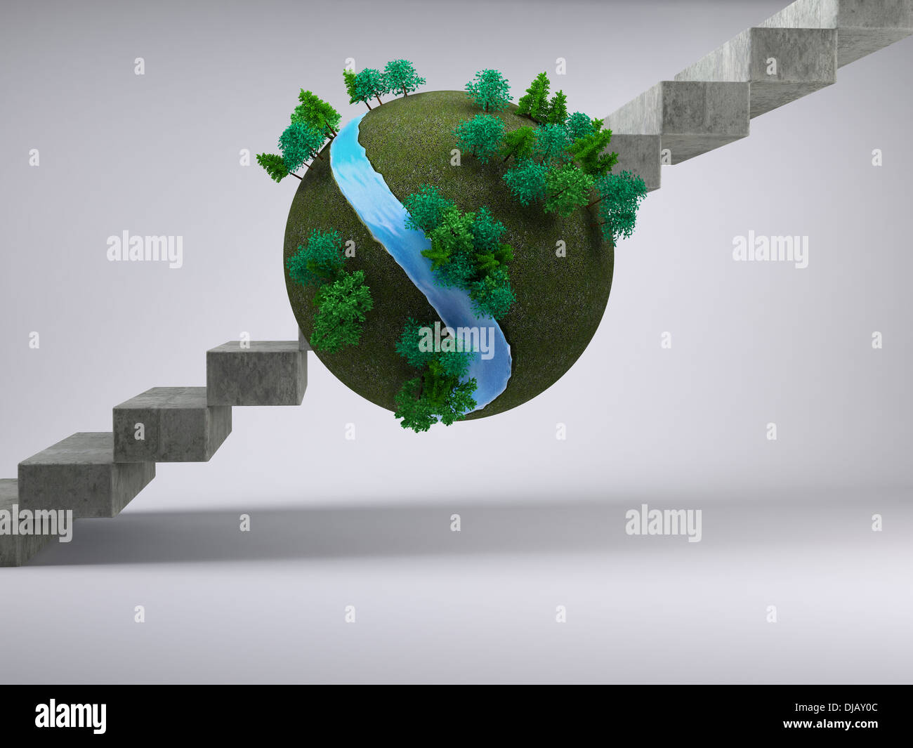 Earth floating in front of stairs Stock Photo - Alamy