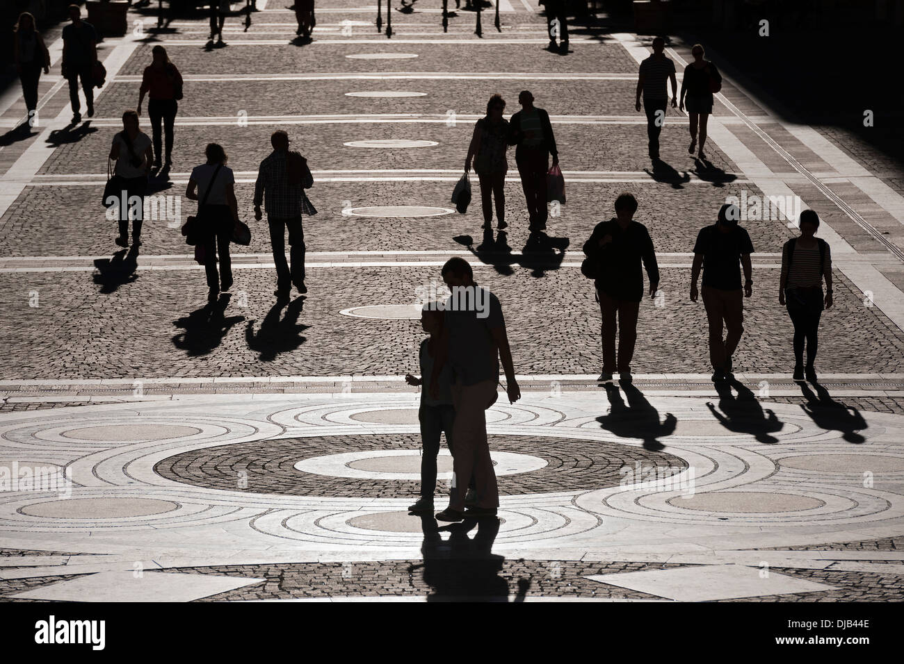 Silhouettes of pedestrians in the pedestrian zone, Budapest, Hungary ...