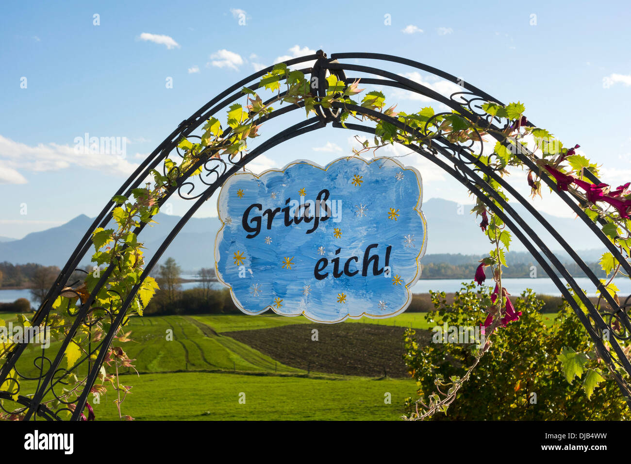 Bavarian greeting sign, welcoming guests in Bavarian dialect, Chiemsee ...