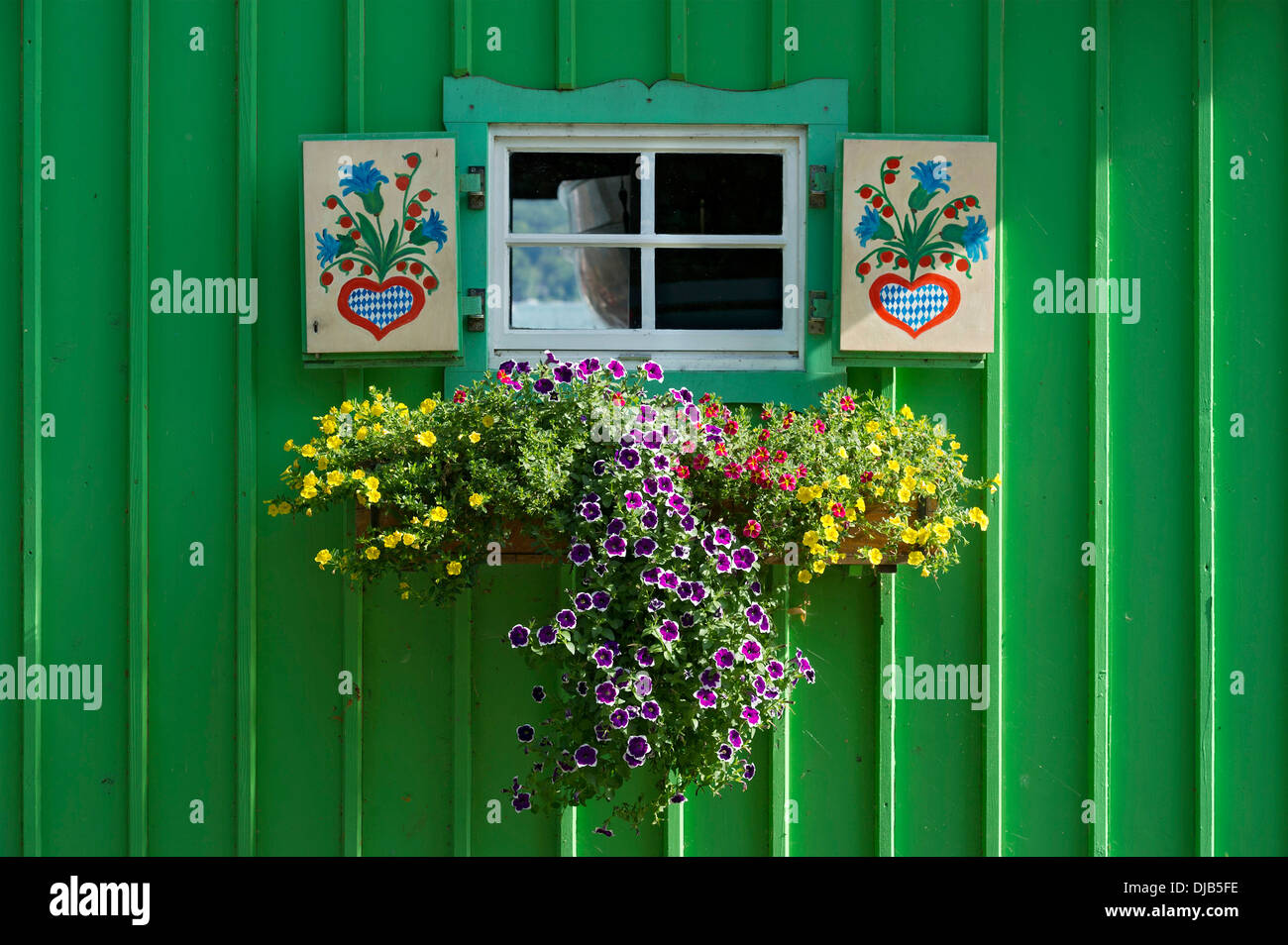 Window with painted shutters and flower box on green wooden hut, Lake ...
