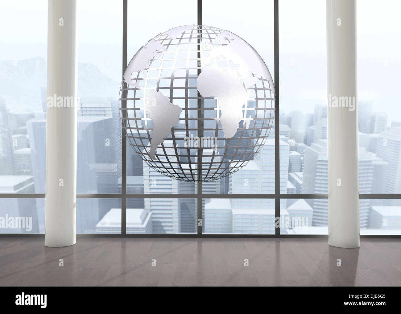 Silver globe floating in room Stock Photo - Alamy