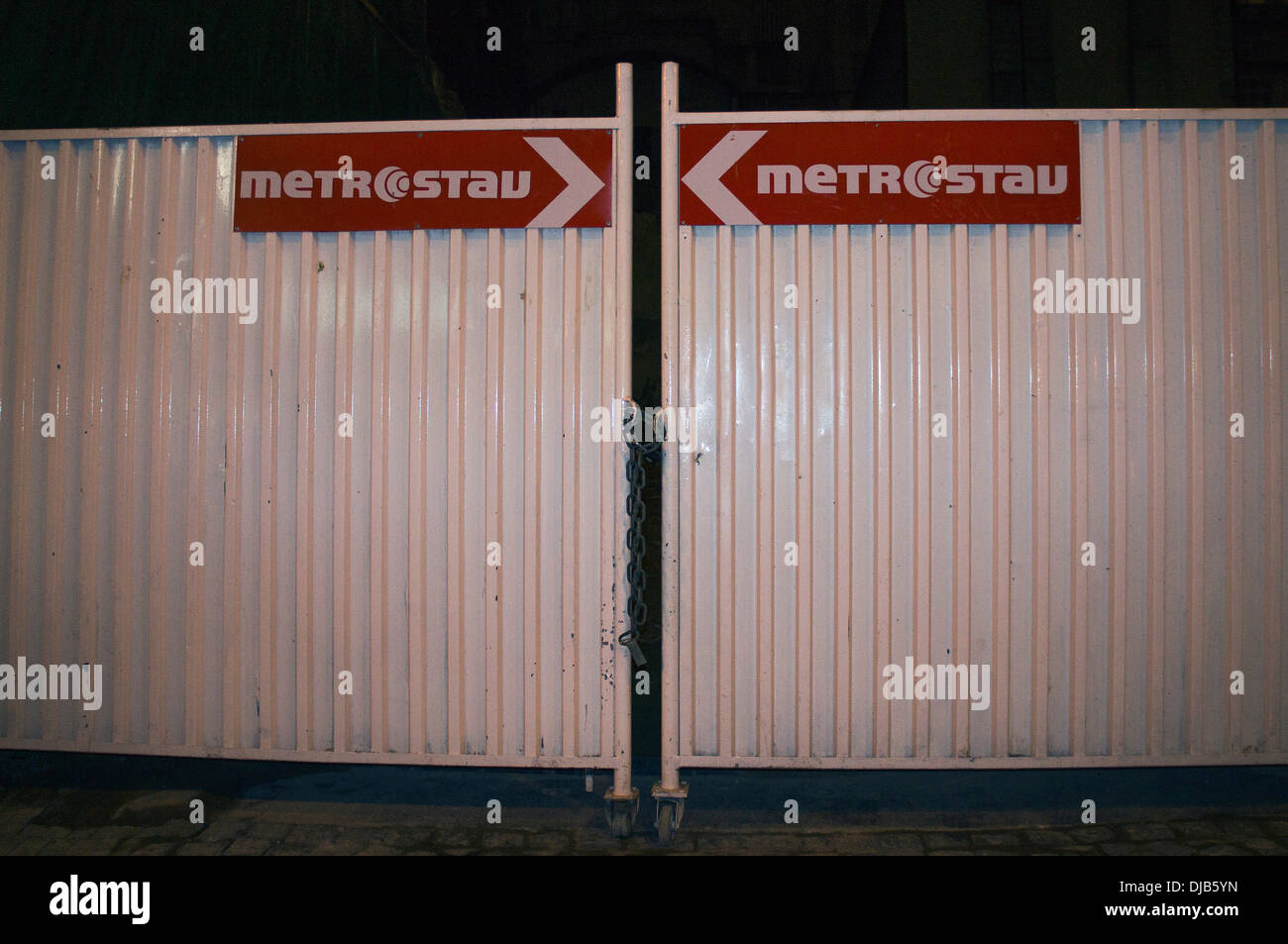 corrugated iron gate, logo METROSTAV Stock Photo - Alamy