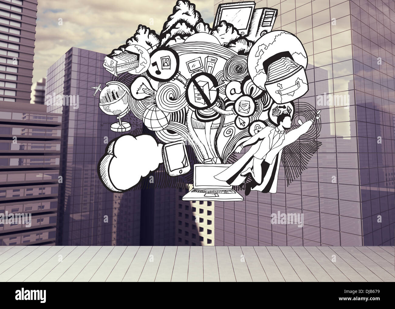 Drawn illustration on cityscape background Stock Photo - Alamy