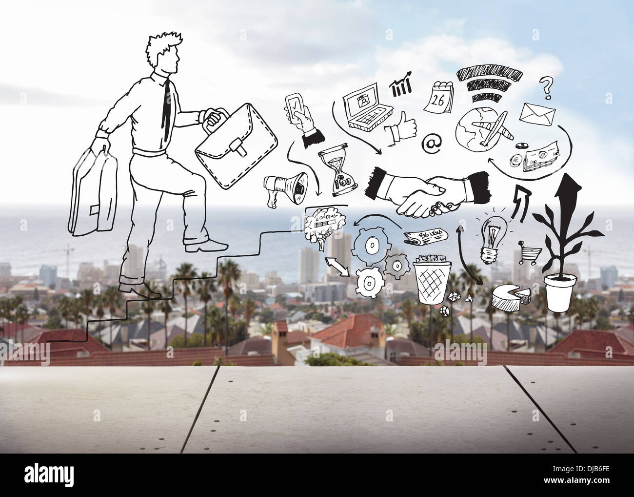 Drawn man and graphic on cityscape background Stock Photo - Alamy