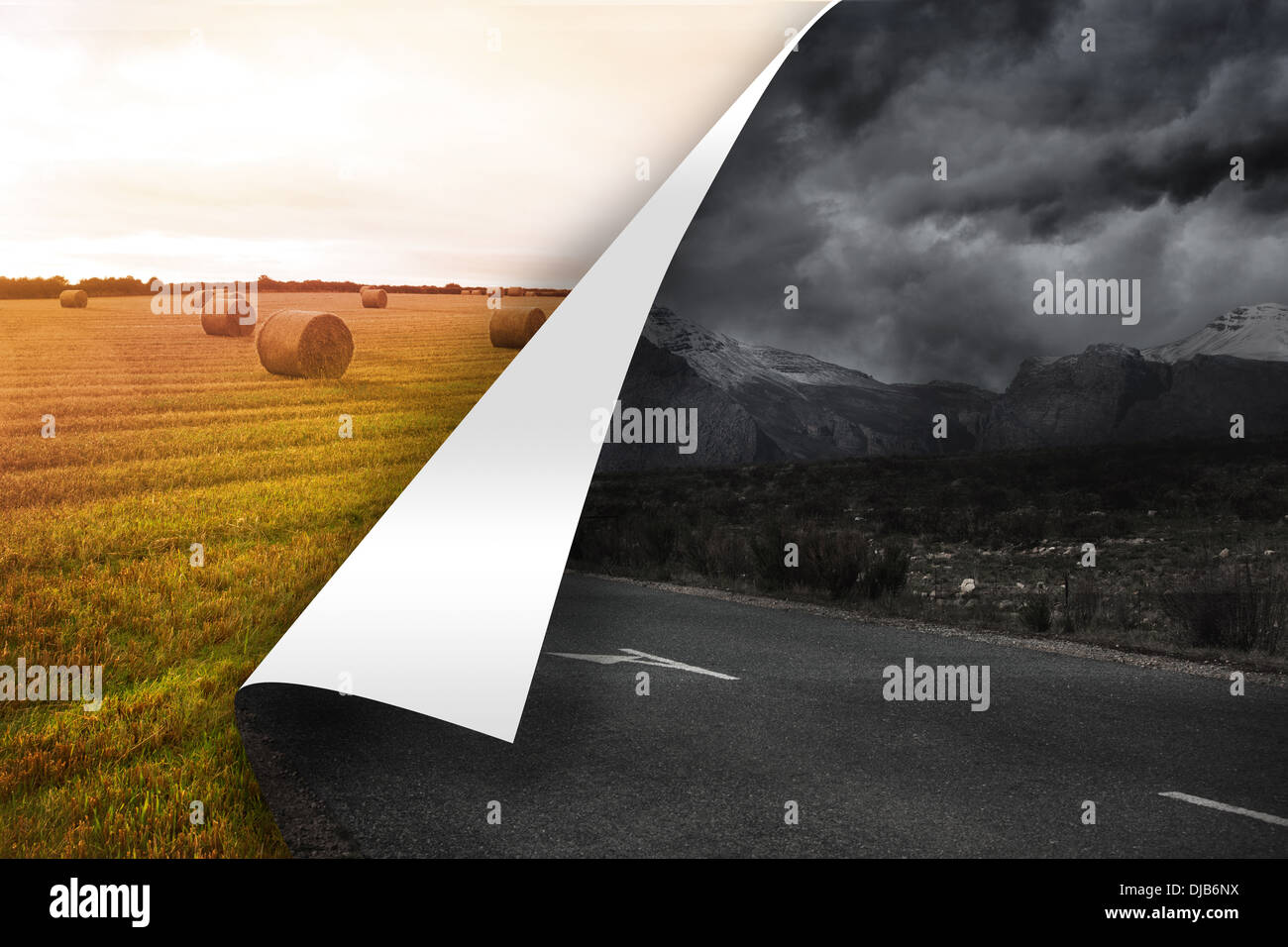 Stormy background over sunny landscape background Stock Photo - Alamy
