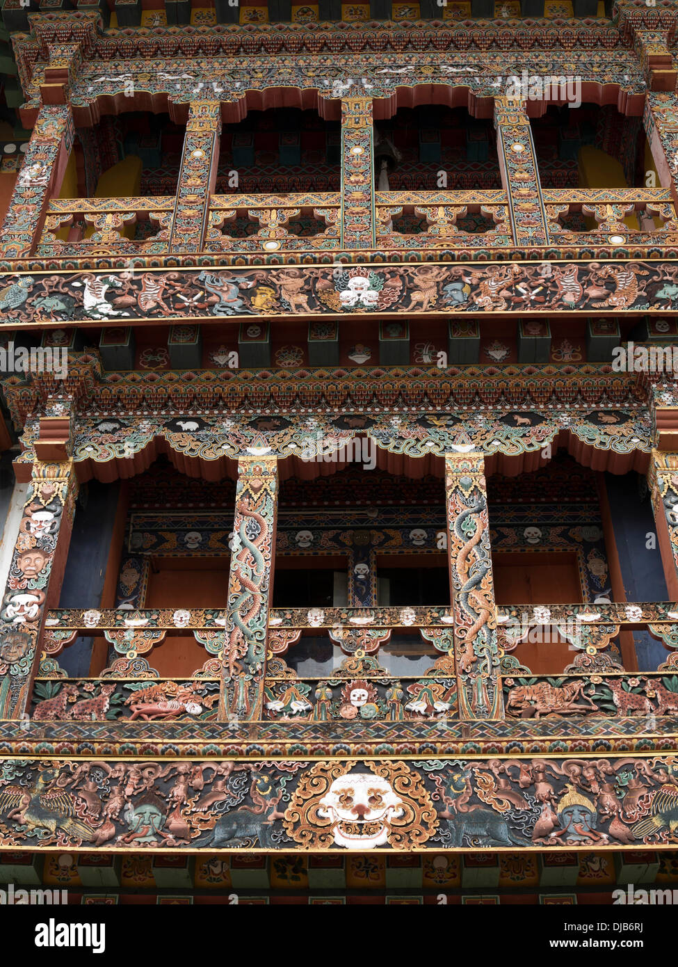 Bhutan, Phobjika, Gangte Goemba prayer hall, painted wood architectural ...