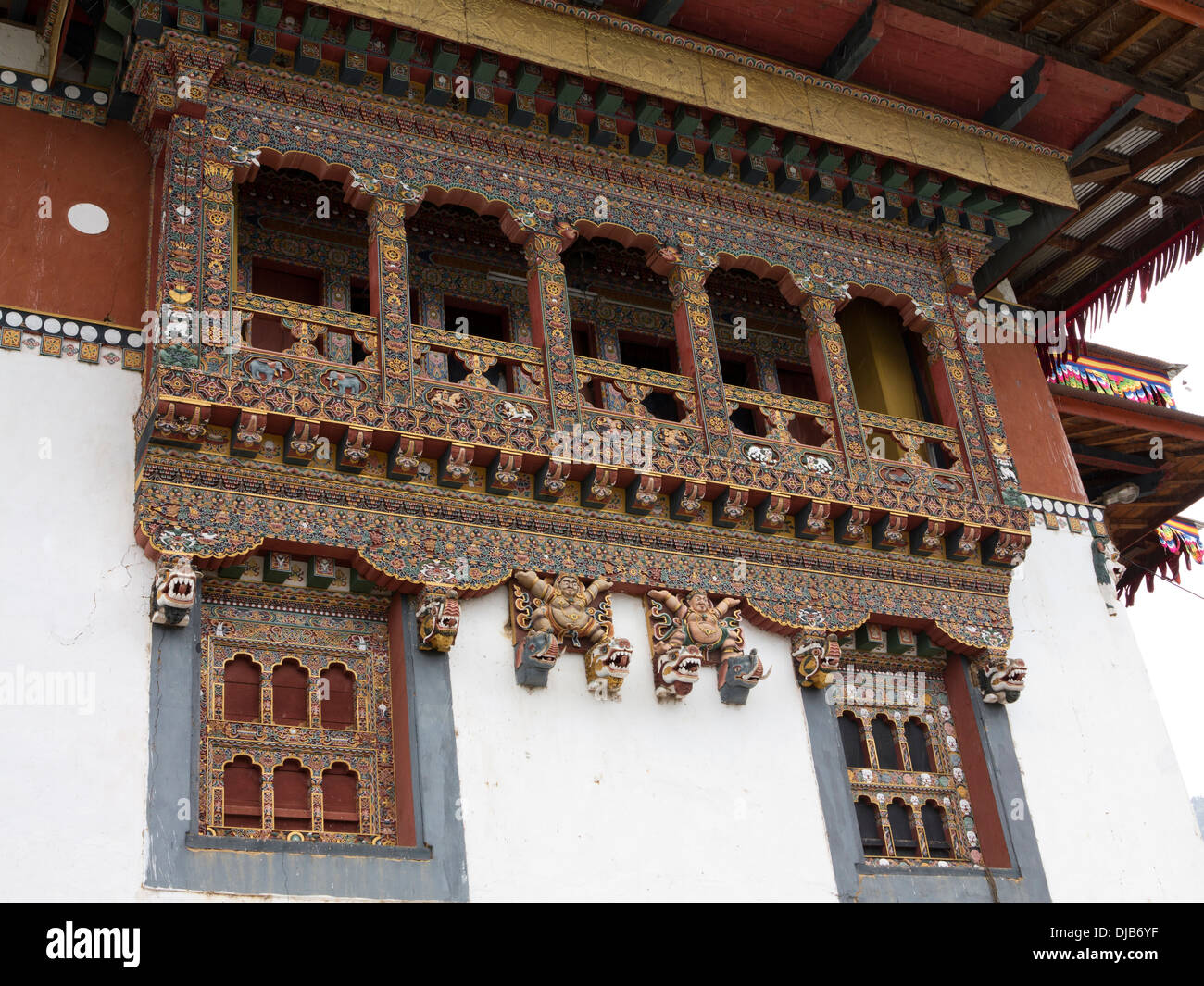 Bhutan, Phobjika, Gangte Goemba prayer hall, painted wood architectural ...