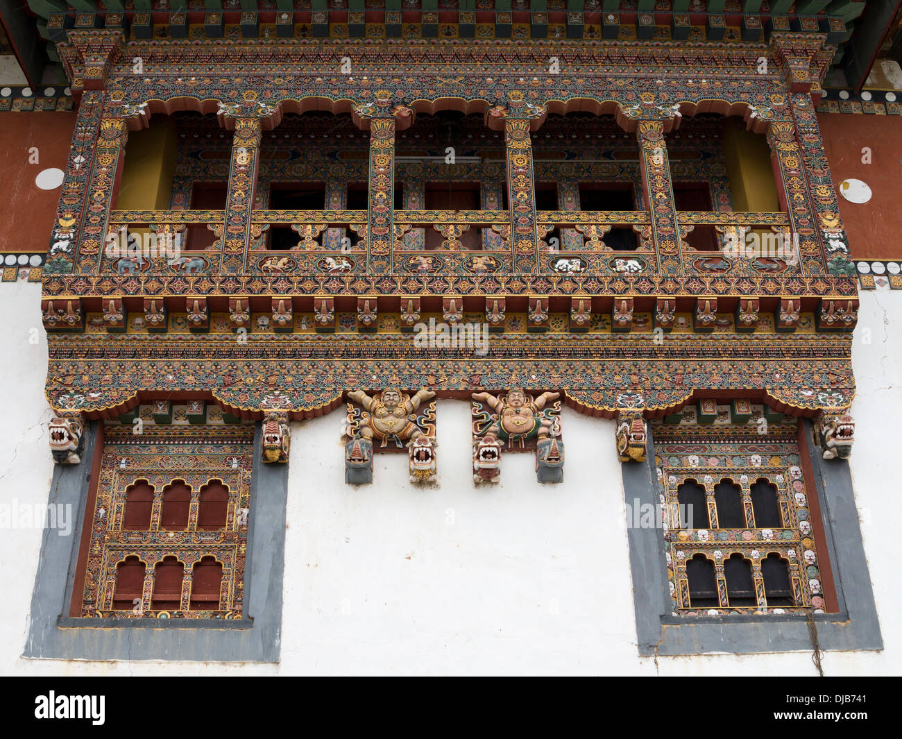 Bhutan, Phobjika, Gangte Goemba prayer hall, painted wood architectural ...