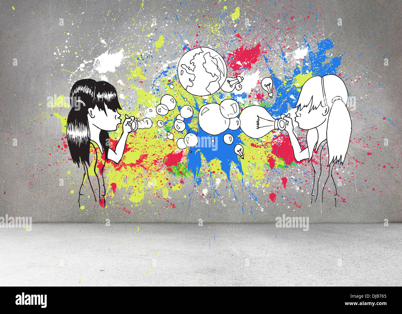 Grey wall with illustrations and splashes Stock Photo - Alamy