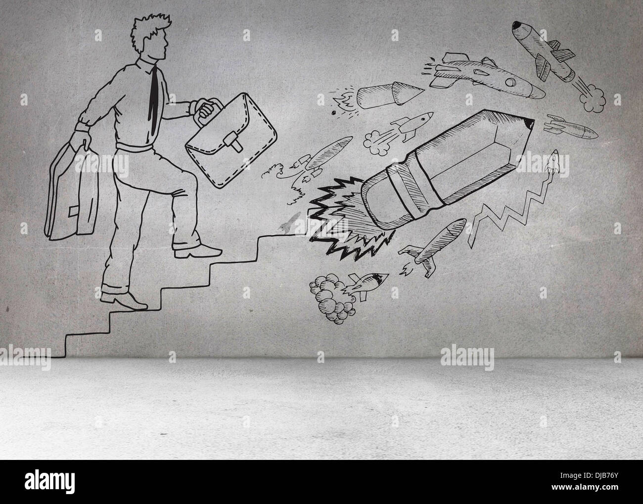 Grey wall with comic man and pencil rocket Stock Photo - Alamy