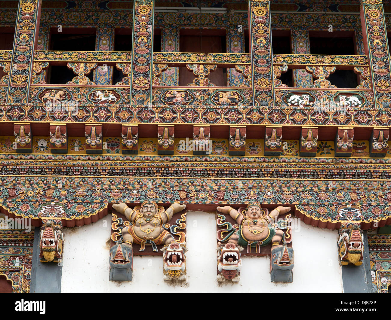 Bhutan, Phobjika, Gangte Goemba prayer hall, painted wood architectural ...