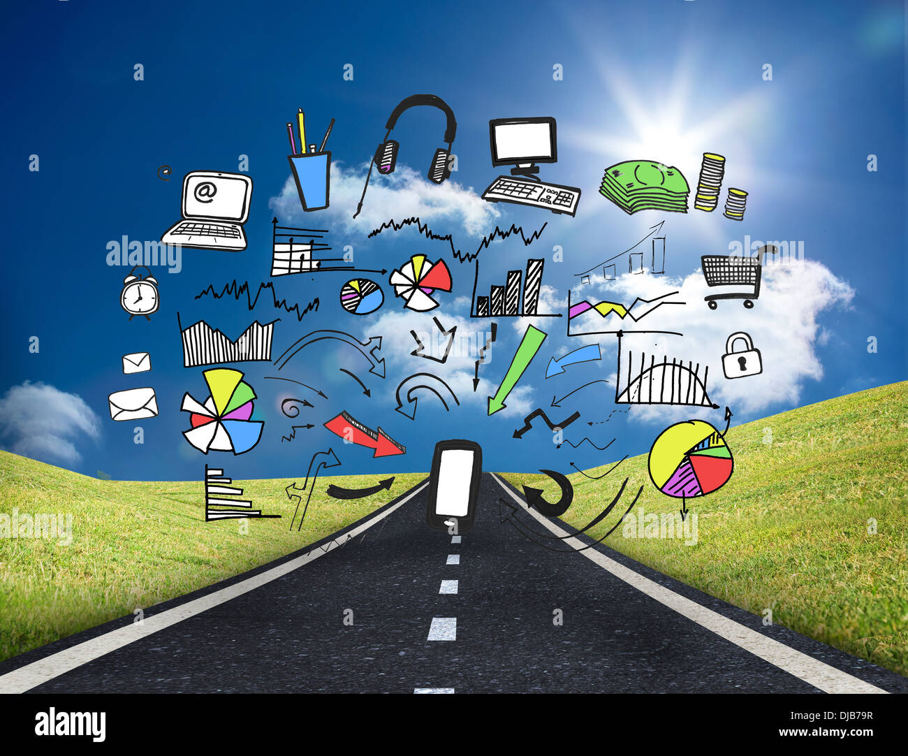 Colorful graphics over sunny landscape Stock Photo - Alamy