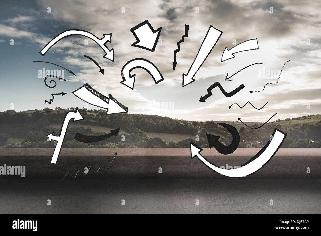 Black white arrows over landscape background Stock Photo - Alamy