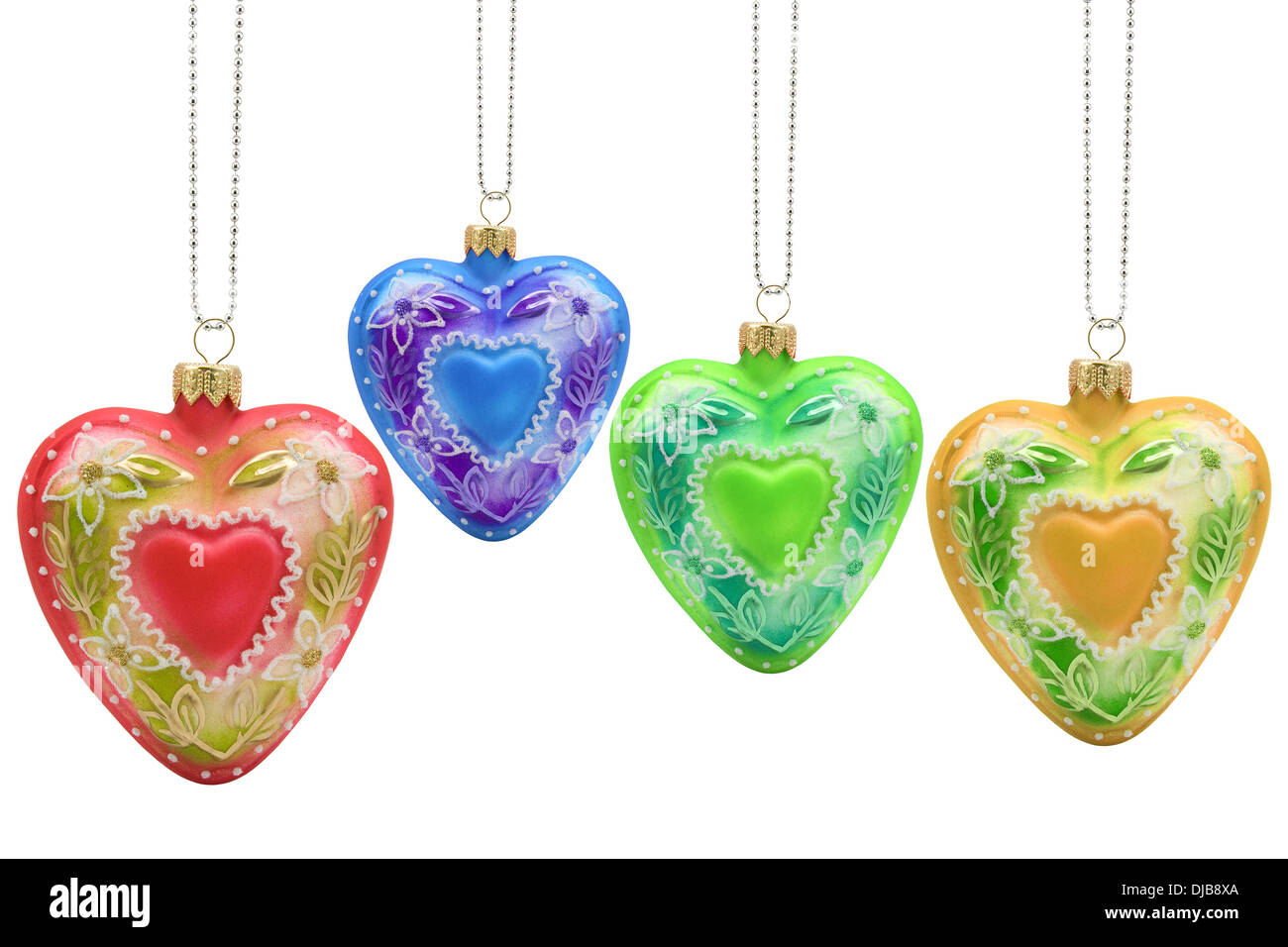 Colorful heart shaped christmas baubles, isolated on white background ...