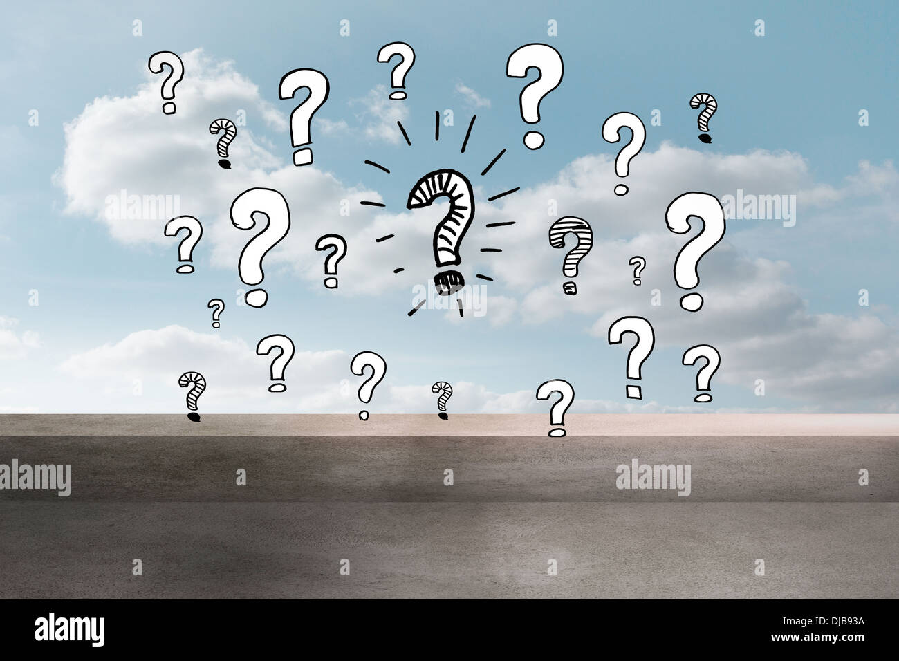 White question marks over balcony and sky Stock Photo - Alamy