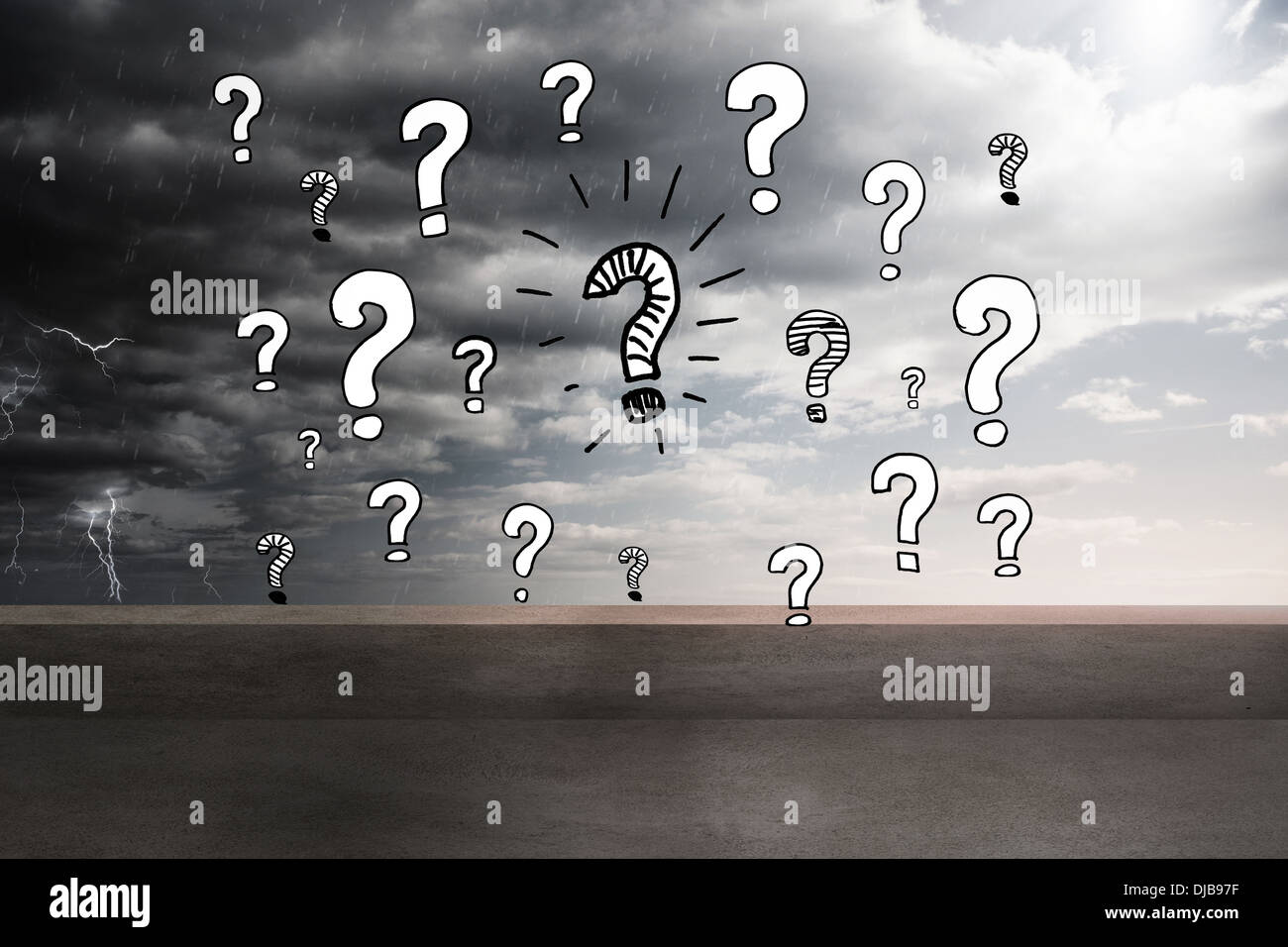 Question marks over balcony and stormy sky Stock Photo - Alamy