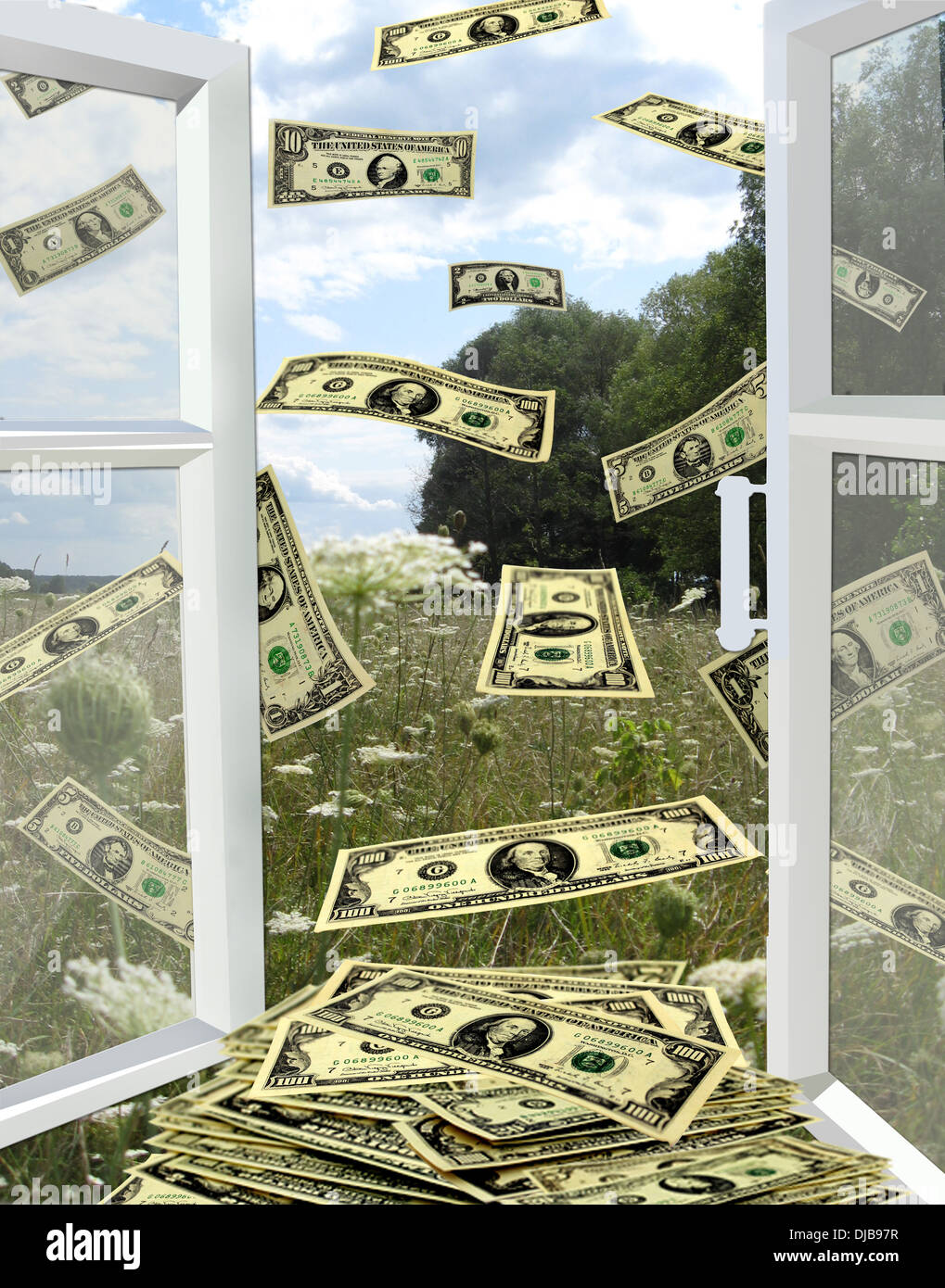 opened window to the summer field and flying away dollars Stock Photo ...