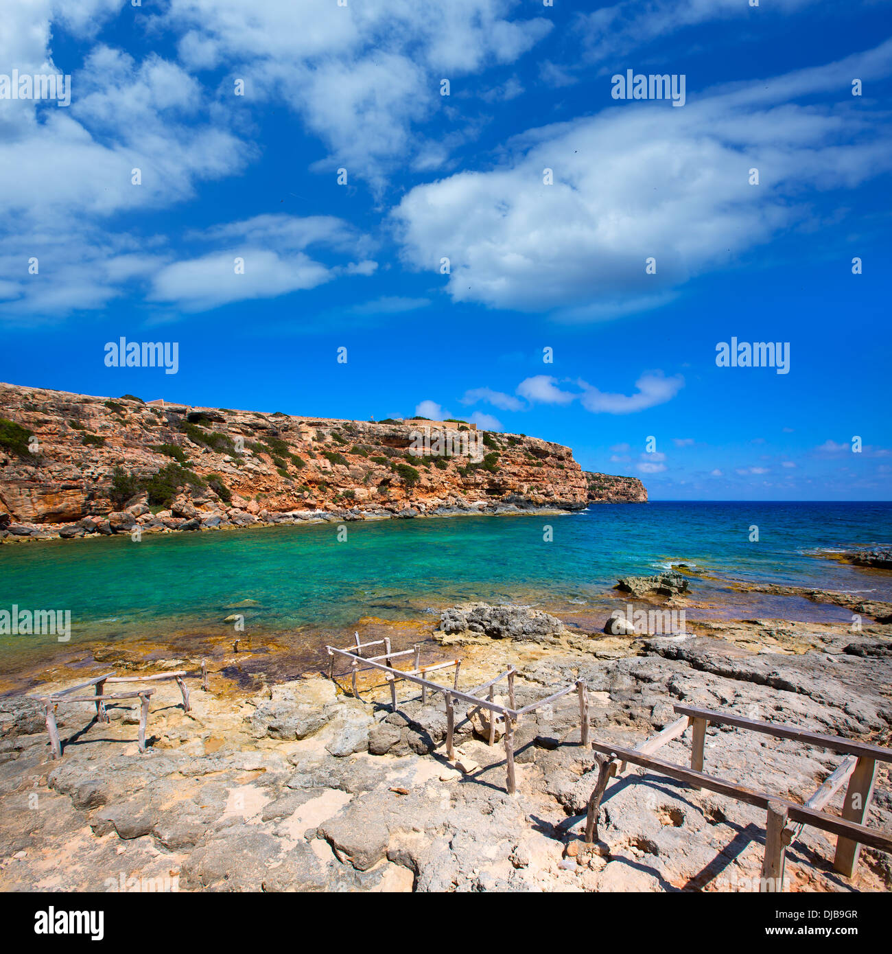 Formentera Cala en Baster in Balearic Islands of Spain with wooden ...