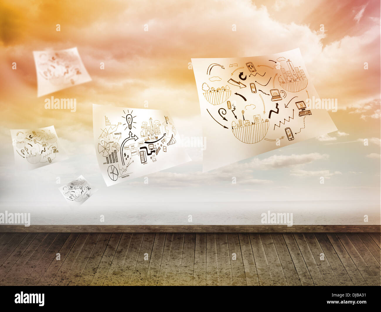 Sheets with graphics over sky on wall Stock Photo - Alamy