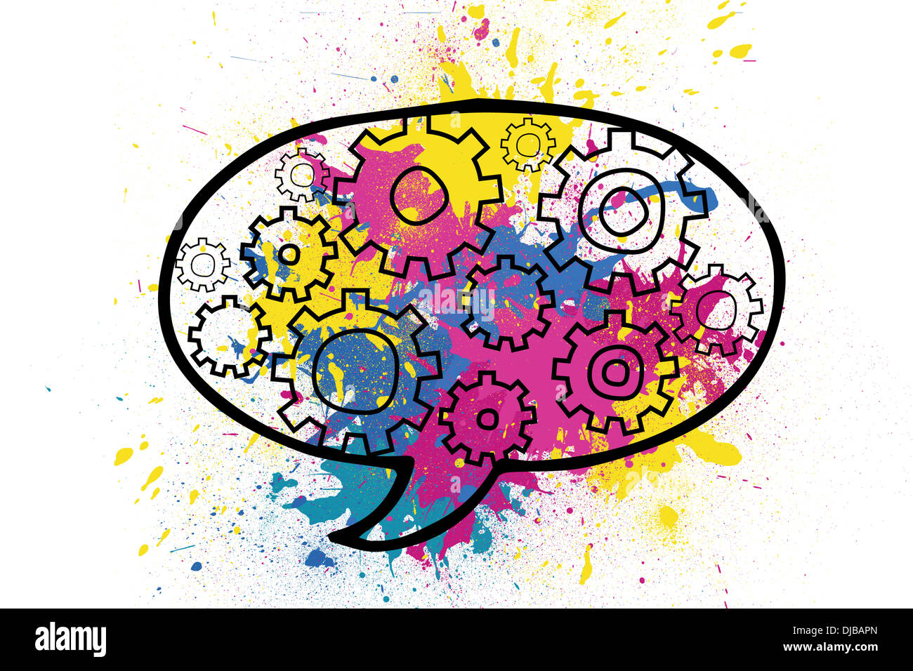 Drawn cogs over splashes Stock Photo - Alamy