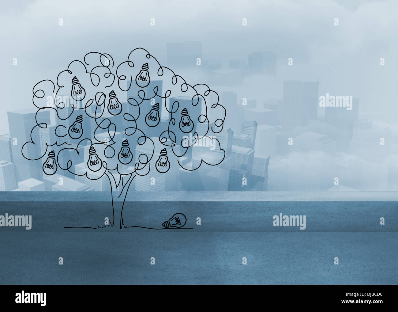 Light bulb tree over cityscape Stock Photo - Alamy