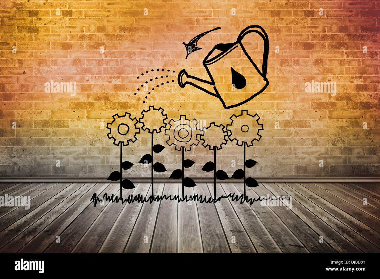 Cog flowers over brick lined wall Stock Photo - Alamy