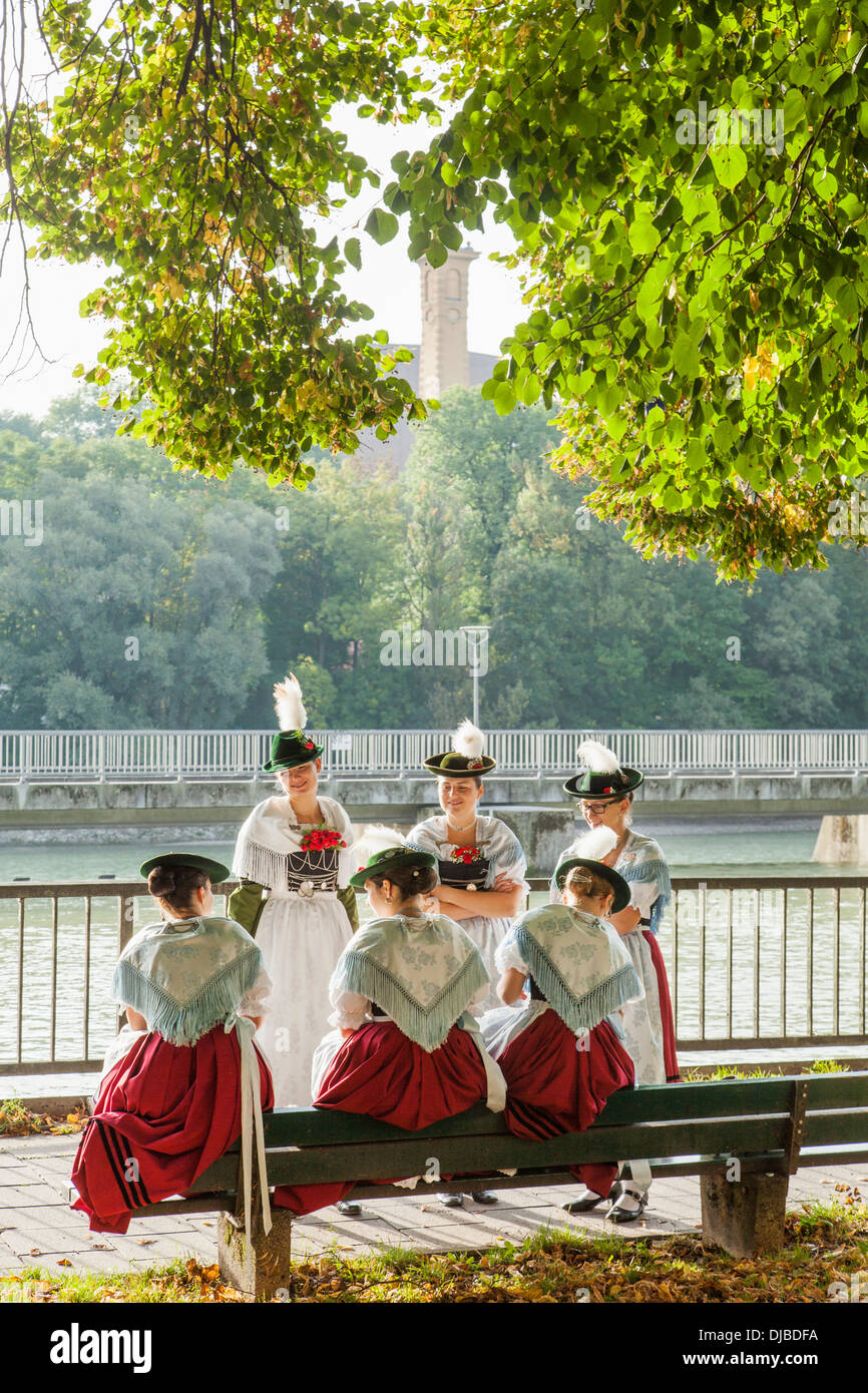 Germany, Bavaria, Munich, Oktoberfest Parade, Group of Girls Dressed in ...