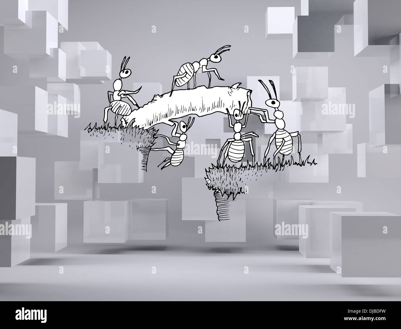 Working ants on grey background with cubes Stock Photo - Alamy