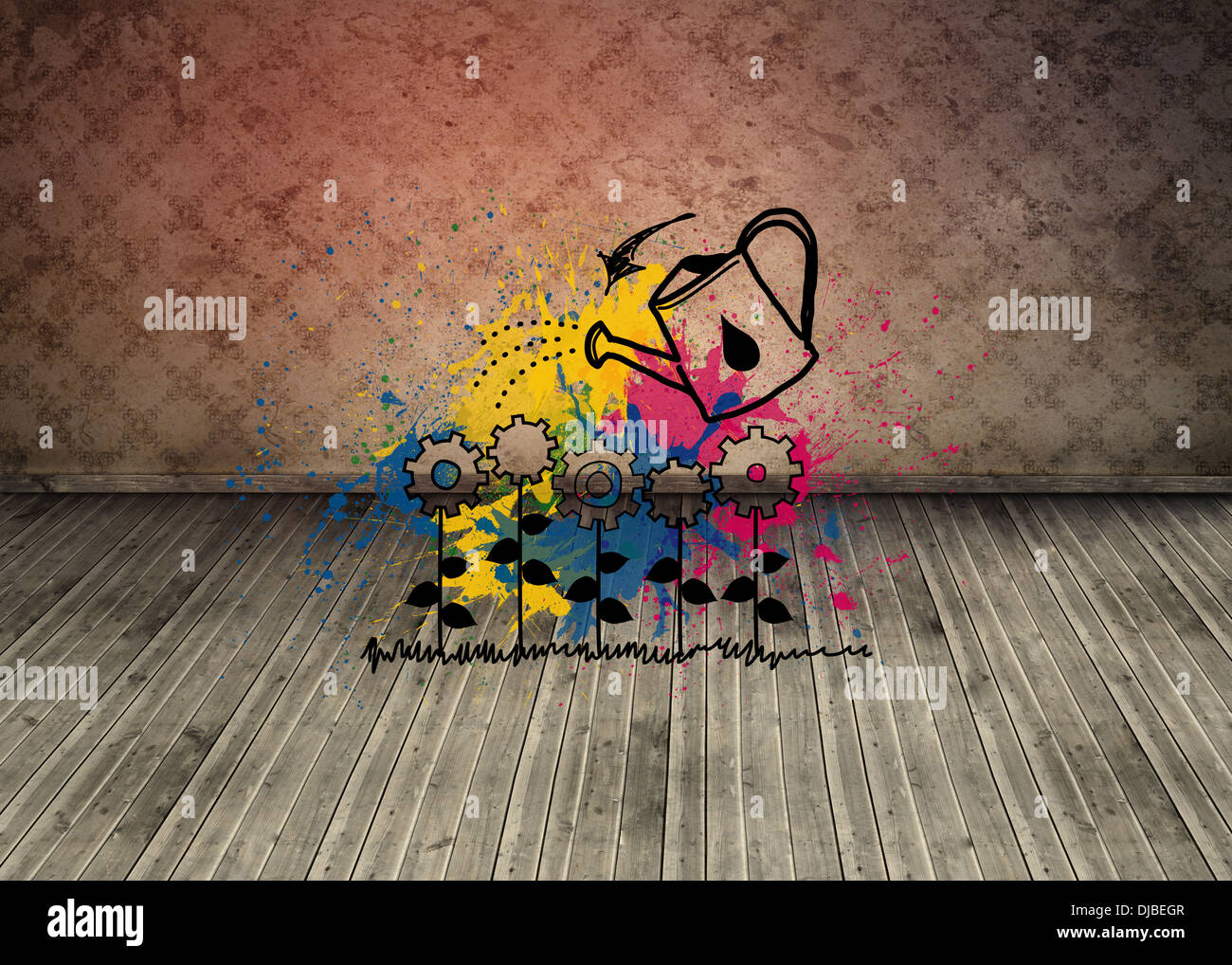 Cog flowers with can on floorboards Stock Photo - Alamy