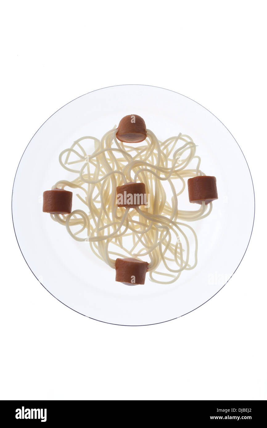 sausage with spaghetti, spread like an octopus, isolated white Stock ...