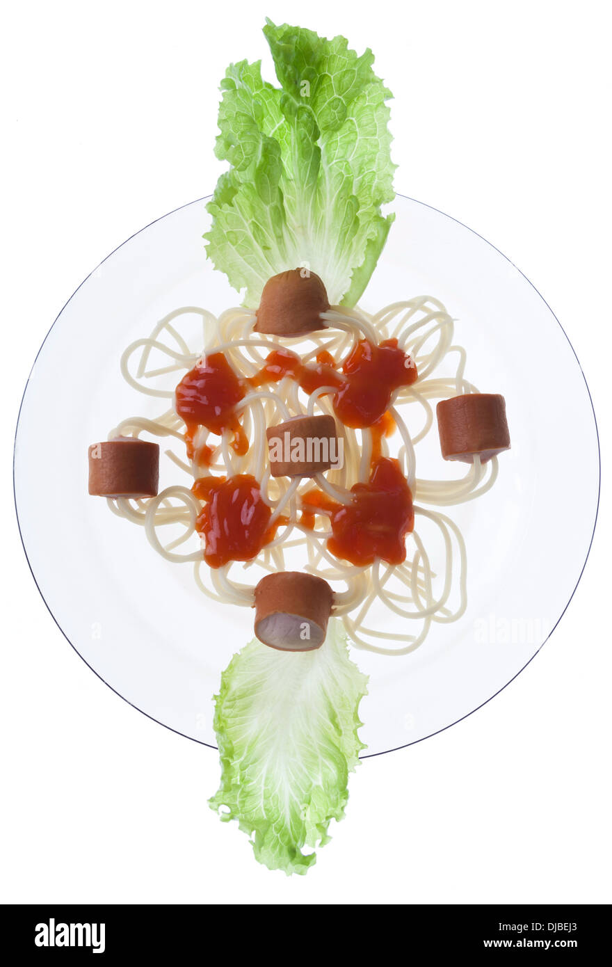 sausage with spaghetti on plate, spread like an octopus, isolated white ...
