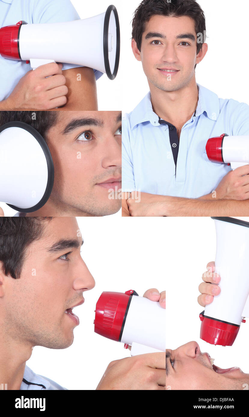 Young man with megaphone Stock Photo - Alamy