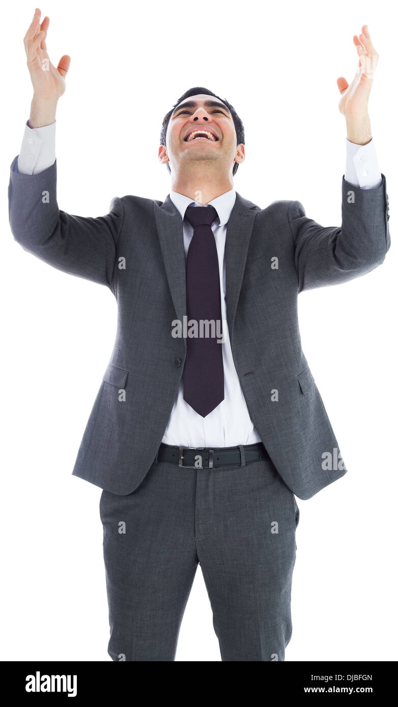 Happy businessman raised arms hi-res stock photography and images - Alamy