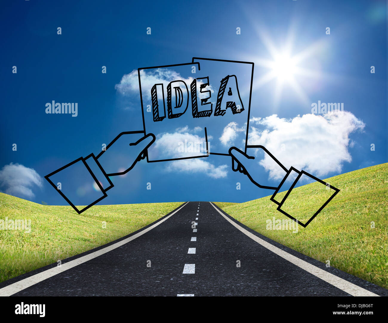 Graphic with two hands holding an idea on bright countryside Stock ...